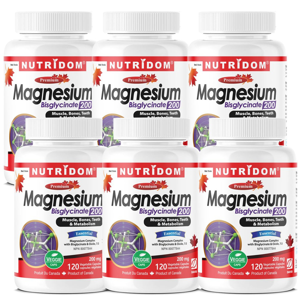 Nutridom Magnesium Bisglycinate 200mg - Pack of 6 | 120 Veggie Capsules